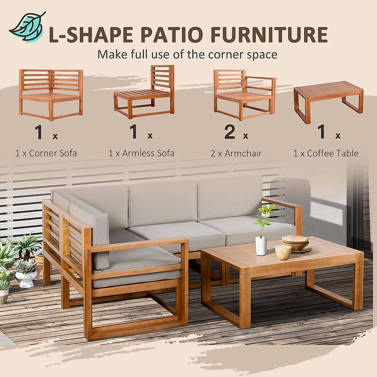 Outsunny 4 Seater L Shaped Patio Furniture Set with Coffee Table and Cushions, Wood Outdoor Sectional Sofa Conversation Set for Garden, Backyard, Porch and Poolside (Gray)