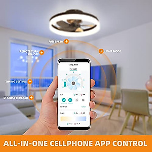 YOZLNFO 2024 20'' Modern Ceiling Fan with Lights Remote Control, 6 Speeds 3 Colors Geometric Bladeless Ceiling Fan with Lights, Black Low Profile Flush Mount Ceiling Fan for Kitchen Bedroom Living