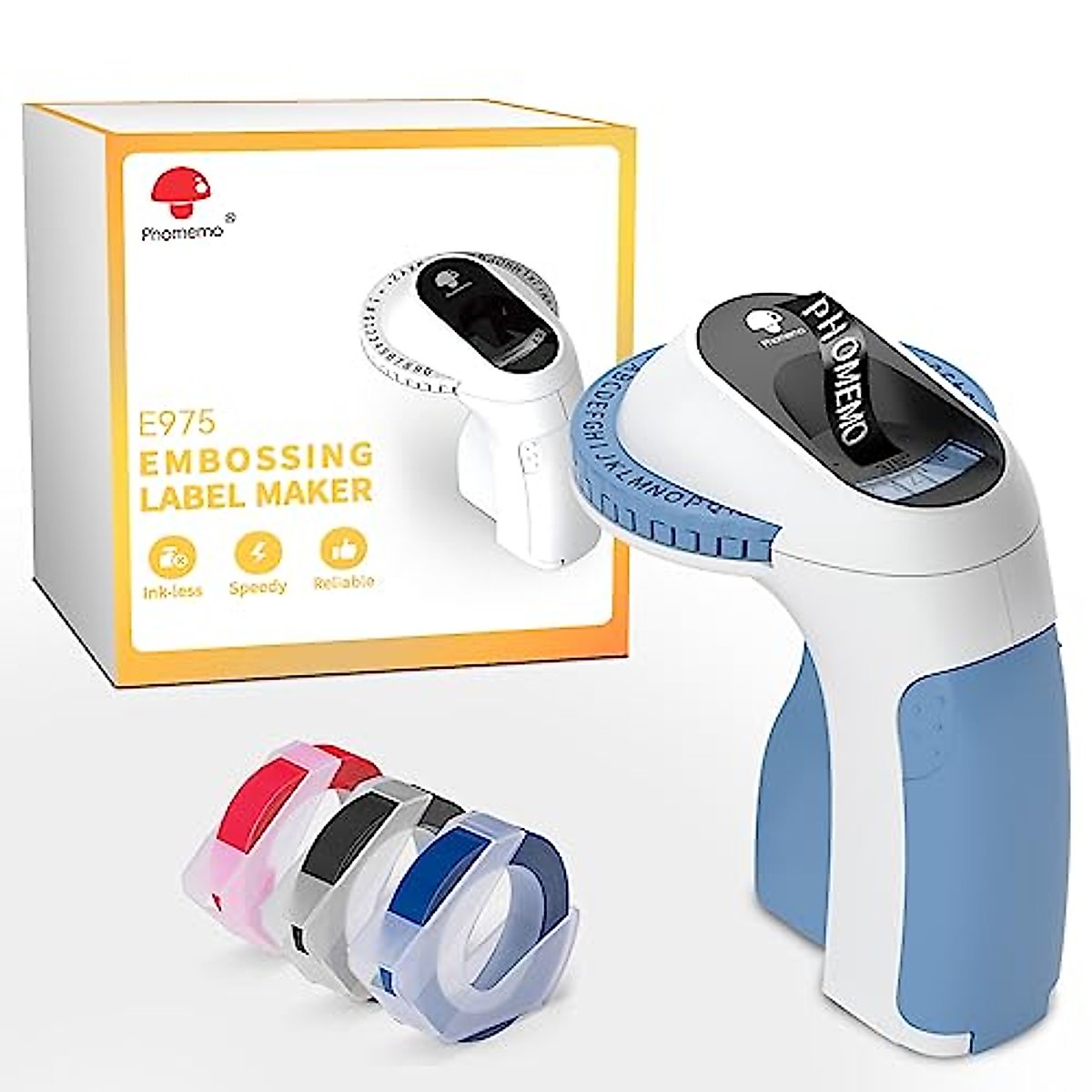 Memoqueen Embossing Label Maker Machine with 3 Tapes，Portable 3D Embosser, Handheld Mini Embossed Label Printer with 3 Label Maker Tape for Small Business Office Home and DIY Crafting-E975 Blue