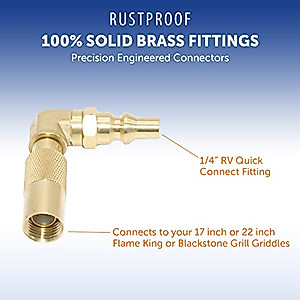Flame King FK-GRD-ELB-QC Propane RV Quick Connect Elbow Adapter for 17" or 22" Blackstone Griddle, Brass