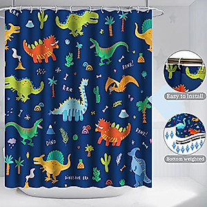 Poedist 4 Pcs Bathroom Shower Curtain Set,Kid's Bathroom Set,Shower Curtain Sets with Rugs(Bath Mat,U Shape and Toilet Lid Cover Mat) and 12 Hooks,Dark Blue Cartoon Dinosaur