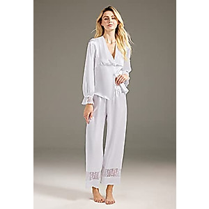 AW BRIDAL 2Pcs Comfy Womens Loungewear Set Pj Set V-Ncek Silk Pajamas For Women, Long Satin Pajamas Women, White, L| Bridal Party Pajamas Bride Gifts Bridesmaid Gifts For Wedding Day