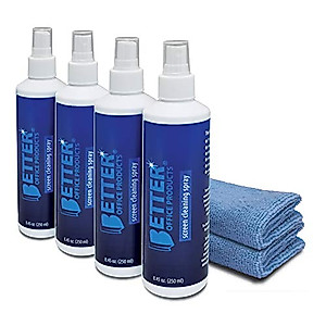 Screen Cleaner Spray Kit, 4 Pack - 4 Spray Bottles (Each 8.45 oz/Total 33.8 oz) with 2 Extra-Large Microfiber Cleaning Towels, by Better Office Products, for Computers, Laptops, LDC/LED/TV Screens