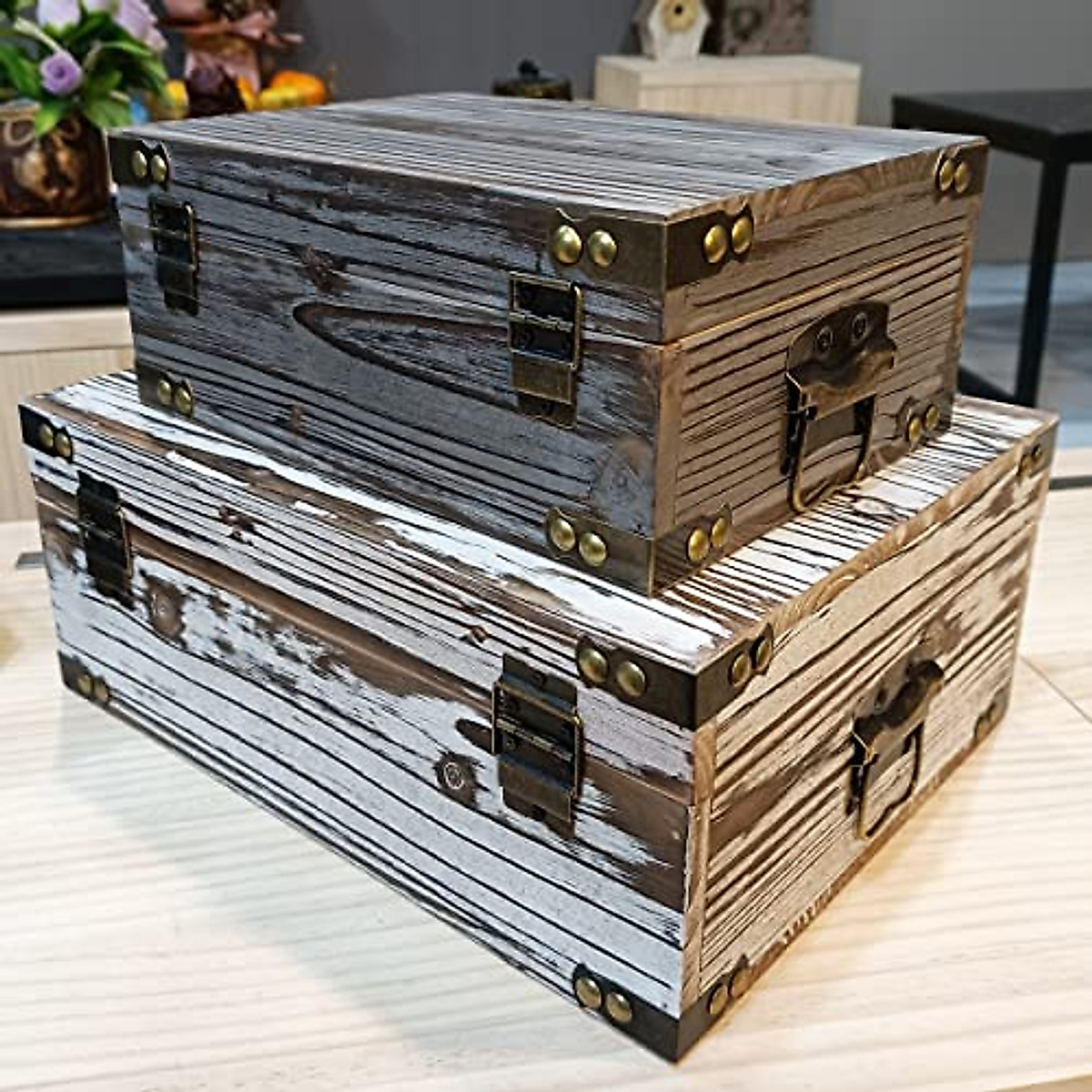 Wooden box, handicraft storage box, suitable for art hobby and family storage, handmade wooden box, commemorative gift jewelry box, collection box (10.62 * 7.51 * 4.33inch, Retro grey)