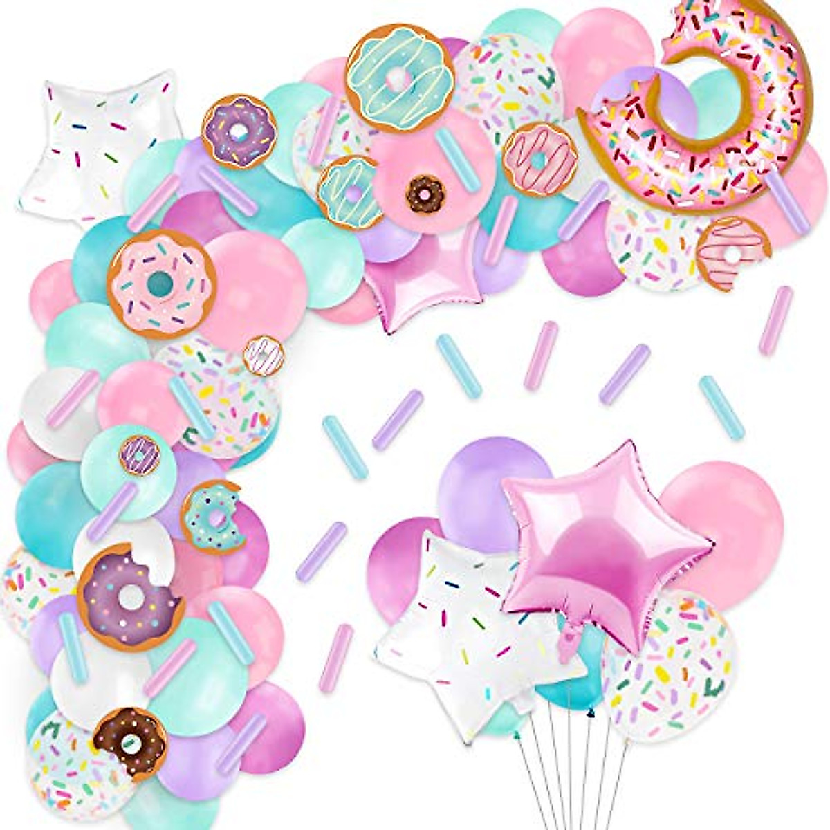 Levfla Donut Balloons Garland Pastel Decoration Kits 100 PCS Sprinkles Confetti Doughnut Backdrop Cutouts Kids Birthday Party Balloons Arch Photo Props Favor Ideas Supplies