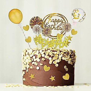 FRIUSATE 30 PCS Birthday Candles Set Gold Confetti Cake Topper Decoration with Happy Birthday Candles Sign Paper Fans Balloon Glitter Star Cupcake Topper for Gold Theme Party Decor