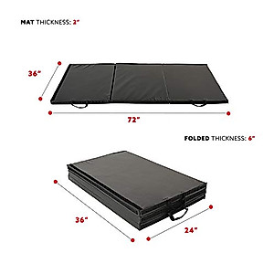 Sunny Health & Fitness Tri-Folding Gymnastics Tumbling Mat - Extra Thick with Carry Handles - for Exercise, Yoga, Fitness, Aerobics, MMA, Cardio Training, Stretching, Core Workouts – Multiple Sizes