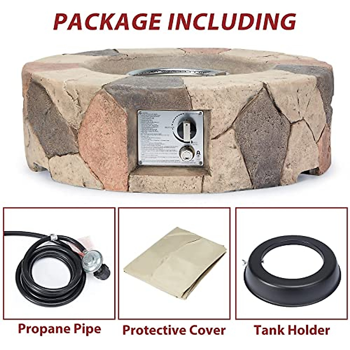 ECOTOUGE Round Gas Fire Pit Tables(40,000 BTU ,28 Inch) w/ Lava Rocks, Propane Hose, Handle, Cover for Backyard, Garden, Home, Outside Patio, CSA Certification,Warm Red & Beige