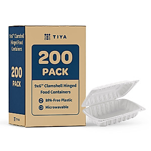 TIYA Clamshell Food Containers - White Bulk 200 Pack, 9x6in. - BPA Free Plastic To-Go Storage Containers - Microwavable Hinged Restaurant Takeout Tall Clamshells - Great for Meal Prep