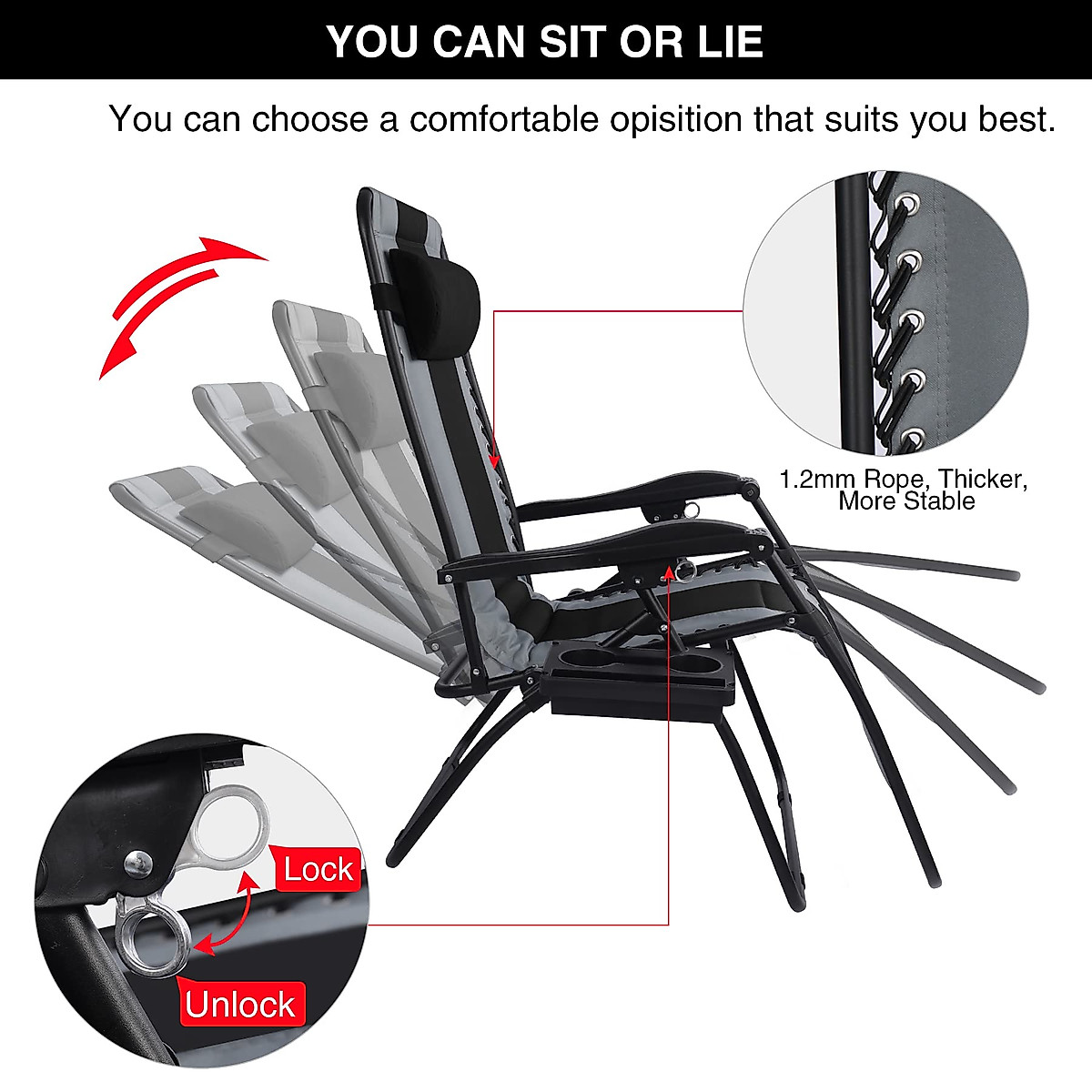 Piamomso Oversize Zero Gravity Chair with Cup Holder,Folding Recliner Lawn Zero Gravity Lounge Chair with Headrest, Grey & Black