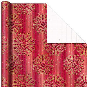 Hallmark Victorian Christmas Wrapping Paper with Cut Lines on Reverse (3 Rolls: 120 sq. ft. ttl) Luxe Florals & Snowflake Patterns, Dark Reds, Forest Greens