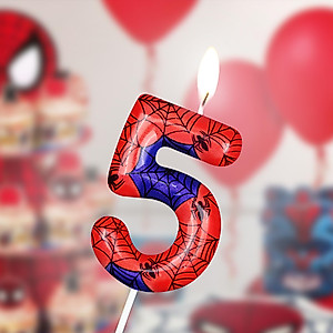 Red Blue Spider 5th Birthday Number Candles, Number 5 Candle Cake Topper Decorations for Spider Cartoon Themed Parties, 5th Birthday Cake Candles for Boys Girls Kids Party Supplies