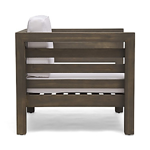 GDFStudio Outdoor Acacia Wood Club Chair with Cushion, Gray Finish and White