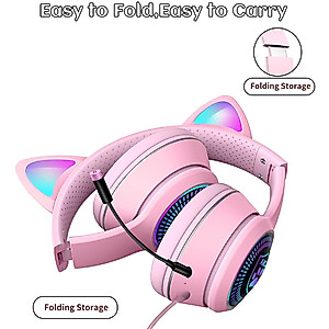 Zuri Sana Cat Ear Gaming Headphones Wired AUX 3.5mm with LED Light, Foldable Stereo Game Music Sound Over-Ear Headsets with Microphone Kids Adult Gift for PC, PS4, Switch, Cellphone, Pad, Laptop