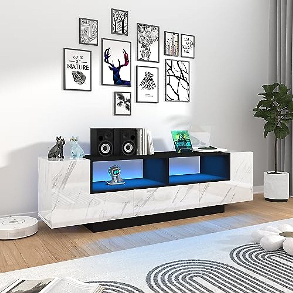 Uspeedy 70in White TV Stand for 75/80 inch TV,Modern LED TV Stand,High Gloss Entertainment Center with Large Storage Drawer,APP RGB Light,TV Console,Television Stands for Living Room(Marbling)