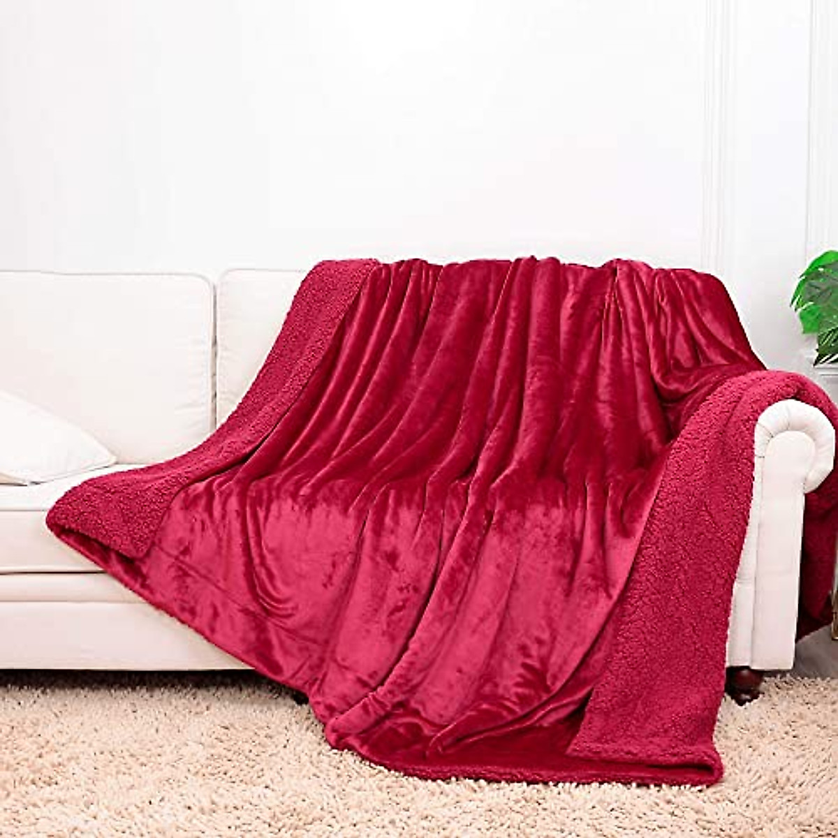 NANPIPER Sherpa Queen Size Blanket,Soft Fuzzy Fleece Blanket,Warm Plush Microfiber Blankets,Wine Red 90"x90"