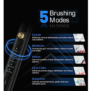 IntoCozy Sonic Electric Toothbrush Whitening Toothbrush with 2 Indicator Brush Heads for Adults and Teenagers, Wireless Charging, 5 Modes with Smart Timer, IPX7 Waterproof(Black)