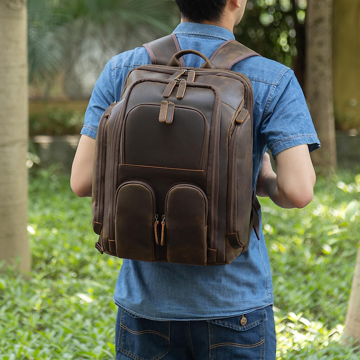 Masa Kawa Vintage Leather 15.6" Laptop Computer Backpack Camera Bag for Men Photographers Brown Large Business Travel Work Multi Pockets Rucksack Daypack