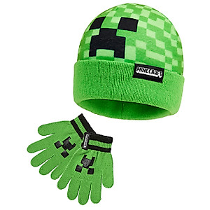 Minecraft Beanie Hat Fluffy Bucket Hat or Boys Hat and Glove Set for Kids Teens (Green Hat & Gloves, One Size)