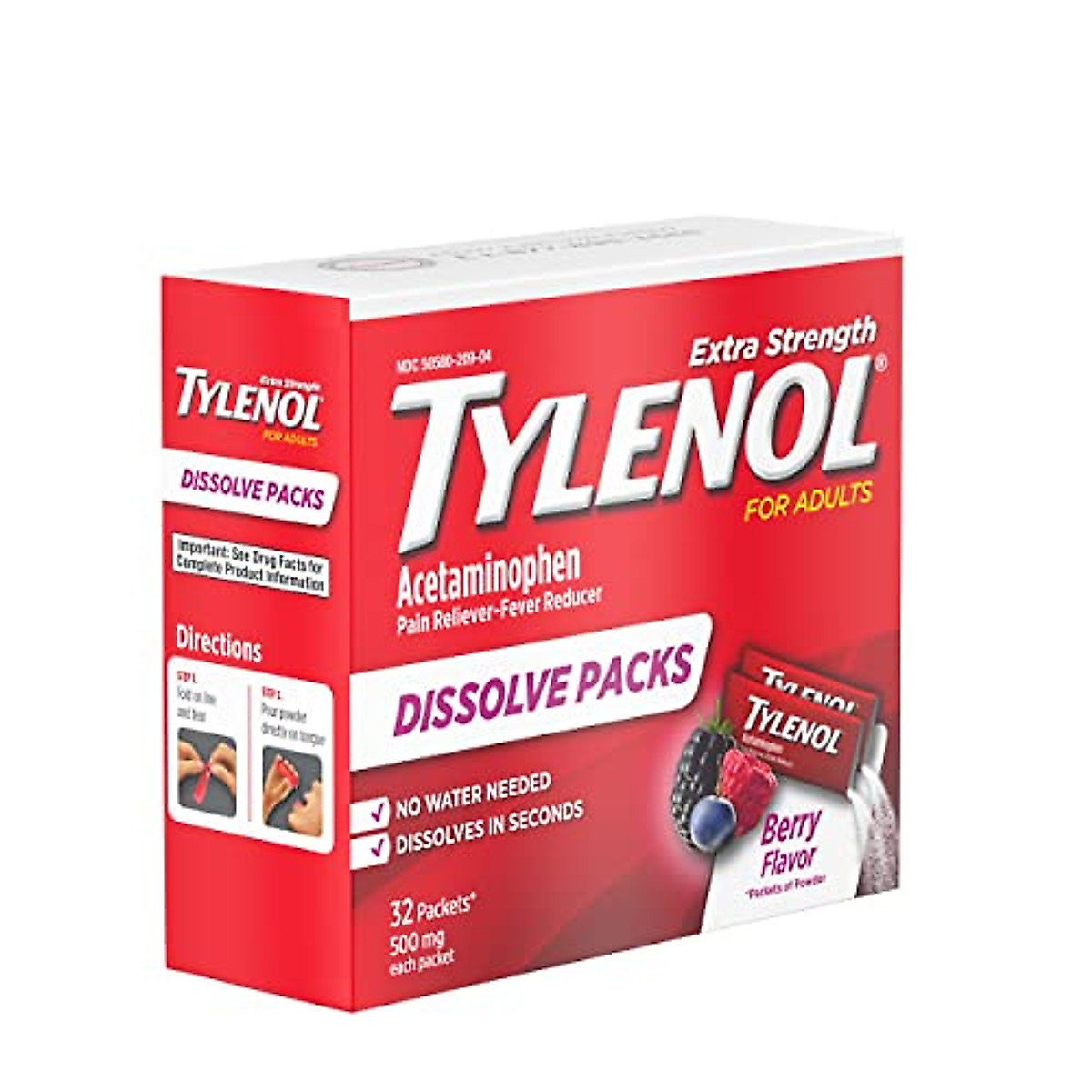 Tylenol Extra Strength Dissolve Packs with Acetaminophen for Pain & Fever, Berry, 32 Count (Pack of 1)