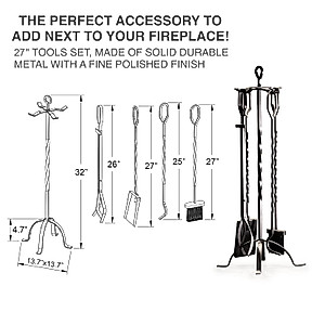 2WAYZ Fireplace Tools Set, 5 pcs Cast-Iron Fireplace Accessories - Powder Coated Poker, Shovel, Tongs & Brush. Easy-to-Assemble Fire Poker Set for Chimney