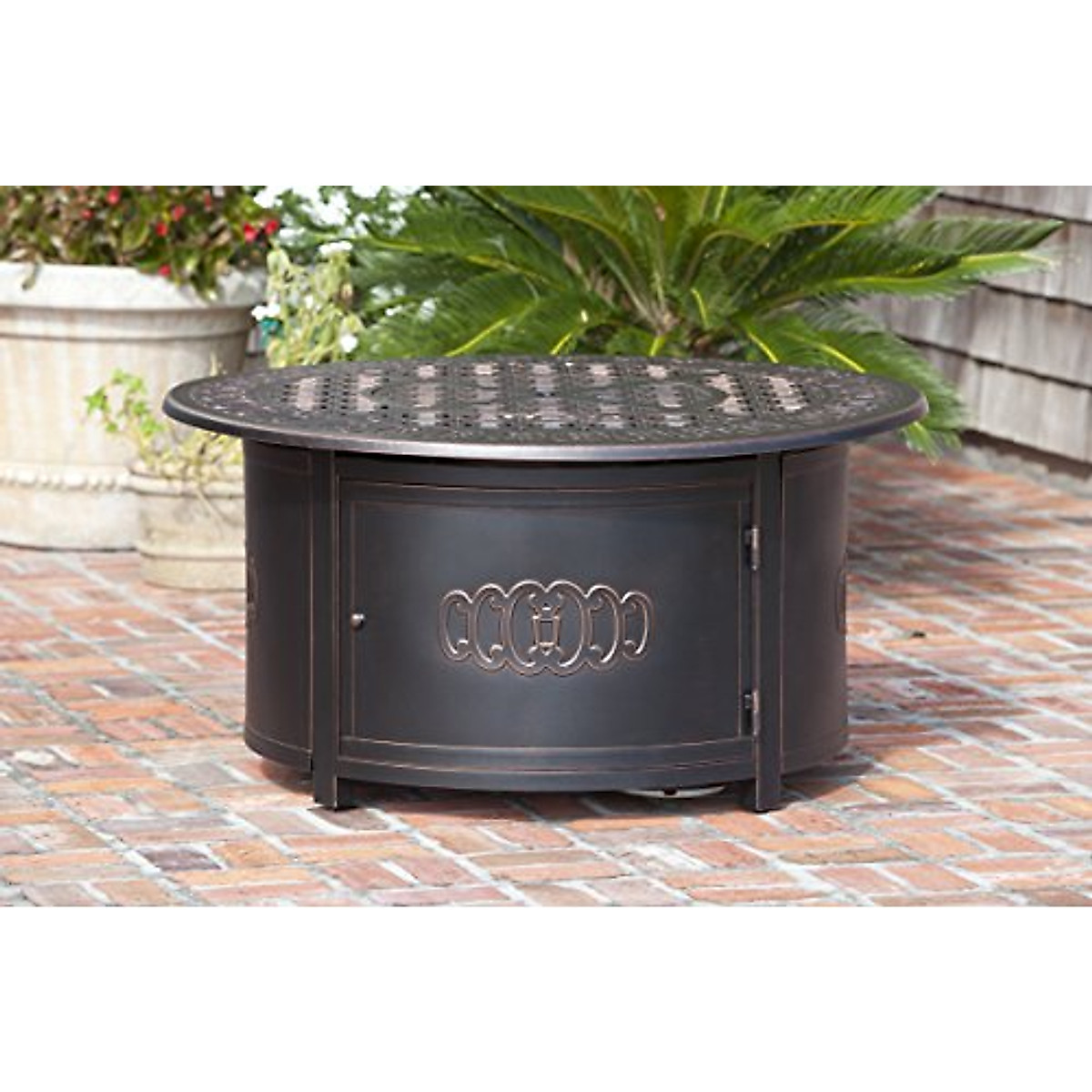 Fire Sense 62262 Dynasty Art Deco Aluminum Convertible Gas Fire Pit Table 55,000 BTU Multi-Functional Outdoor with Fire Bowl Lid, Nylon Weather Cover & Clear Fire Glass - Bronze Finish - Round - 44"