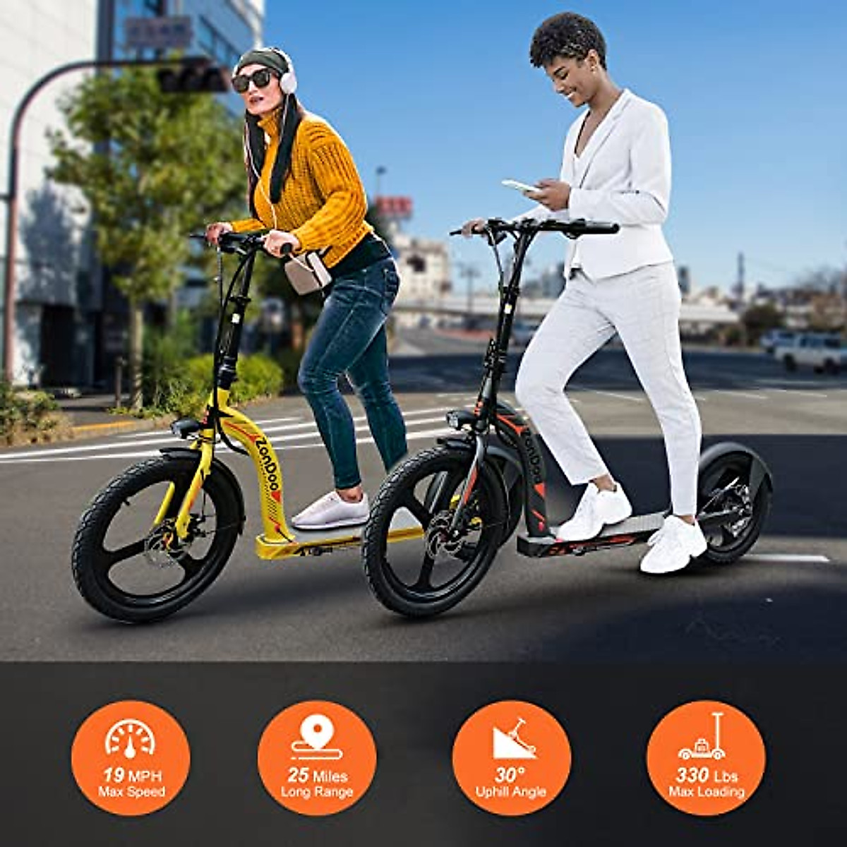 ZonDoo ZO02 Electric Scooter for Adults - 25 Miles Long Range & 20Mph Folding Commuter Electric Scooter - Big Fat Tire Bike Stylish Electric Scooter for Adults(Yellow)