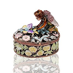 YU FENG Vintage Angel Flower Trinket Boxes Hinged Crystal Jeweled Collectible Jewerly Display Ring Holder Box