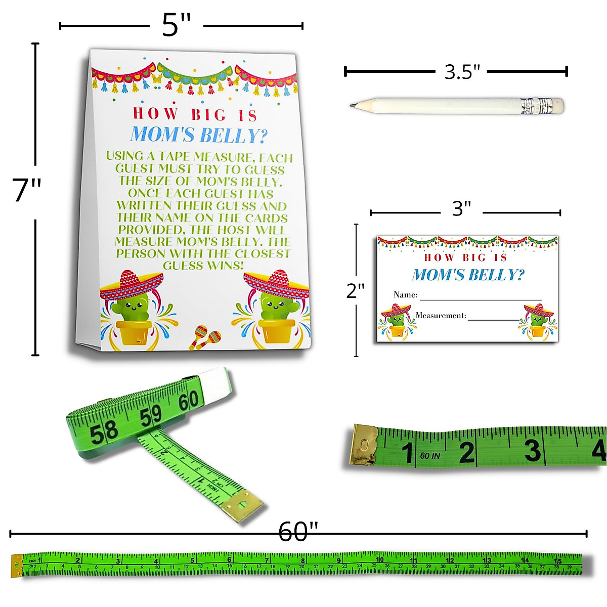 WillaBees Measure Mommys Belly Baby Shower Game How Big is Mom's 64 Piece Fiesta Cactus Games Includes Sign 50 Playing Cards 10 Pencils 3 Measuring Tape Sprinkle, MultiColor