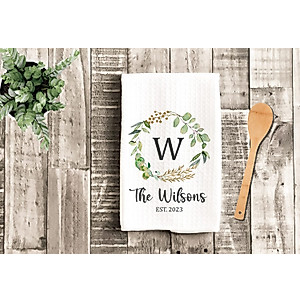Personalized Wreath Monogram Tea Towel, Waffle Weave Tea Towel, Housewarming Gift, Farmhouse Decor, Wedding Gift