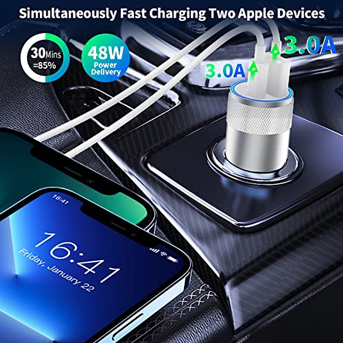 [Apple MFi Certified] iPhone Car Charger Fast Charging, KYOHAYA 48W Dual Port Type-C PD&QC 3.0 Car Charger with 2Pack Lightning Cable + 20W USB-C Power Adapter for iPhone 14 13 12 11 Pro/XS/XR/SE/iPad