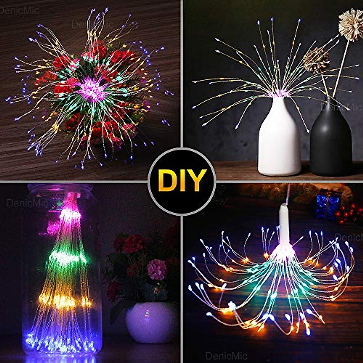 DenicMic Firework Lights Starburst Lights 200 LED Copper Wire Battery Operated Hanging Sphere Lights with Remote, 8 Modes Stars Fairy Ceiling Decorations for Patio Party Wedding Christmas (2 Pack)