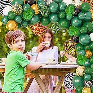 Amandir Jungle Safari Balloon Garland Arch Kit, Gold Dark Green 4D Animal Foil Balloons Artificial Tropical Palm Leaves Safari Baby Shower Decorations for Boys Girls Wild One Birthday Party Supplies
