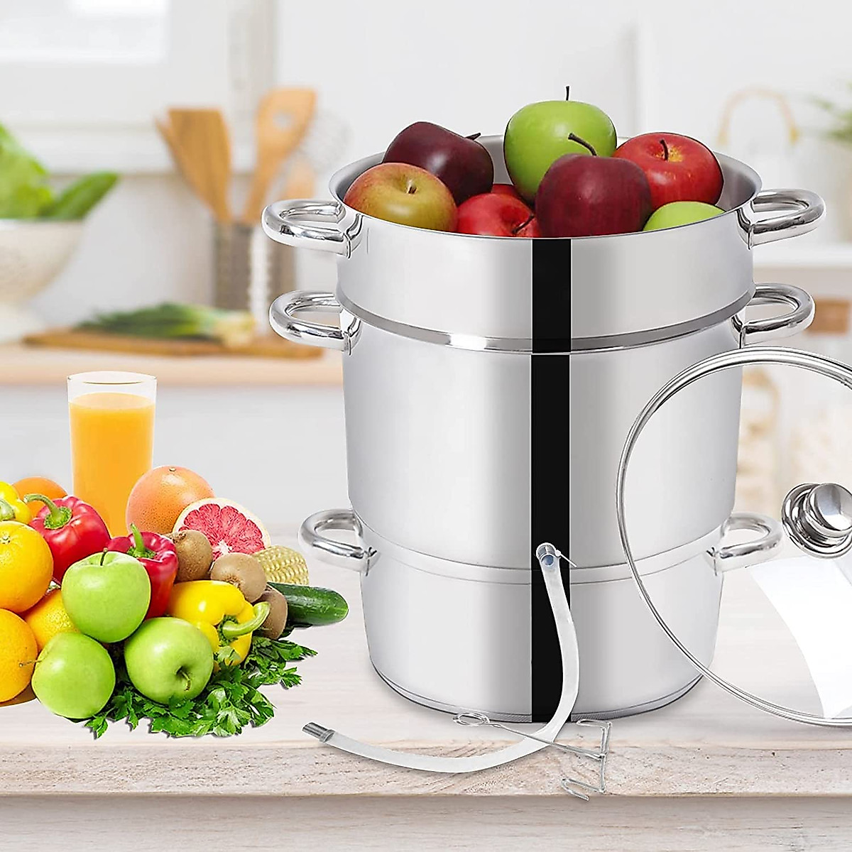 FANTASK 11-Quart Steam Juicer, Pasta Pot with Tempered Glass Lid, Hose, Clamp, Safe Loop Handle, Easy to Use, Stainless Steel Steamer Pot for Cooking Fruit Vegetable, Silver