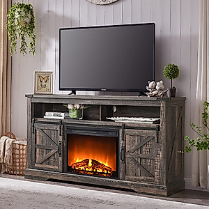 OKD Fireplace TV Stand for 65+ Inch TV, 33" Tall Highboy Farmhouse Entertainment Center w/ 23'' Electric Fireplace, Rustic Media Console w/Sliding Barn Door for Living Room, Dark Rustic Oak