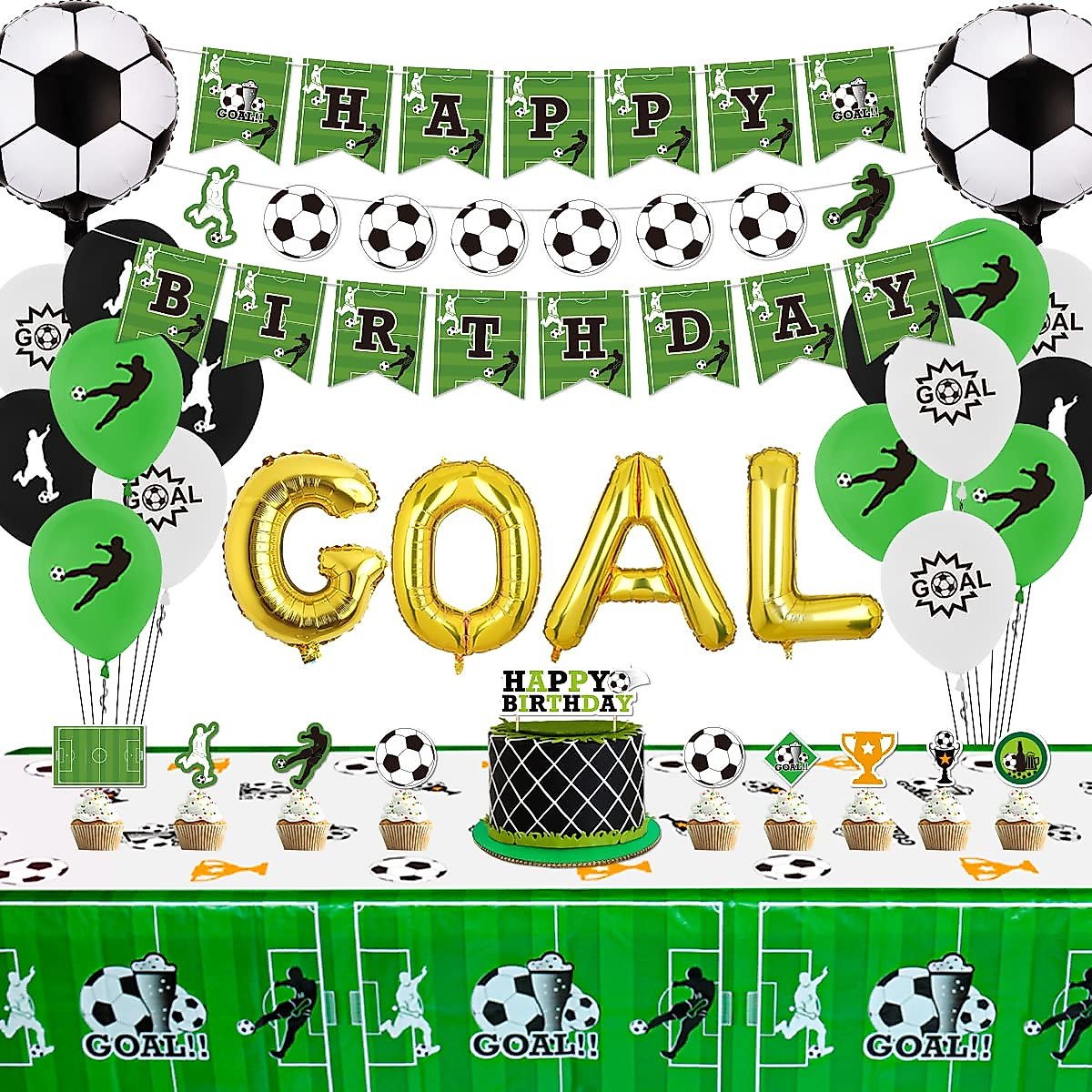 Soccer Party Supplies - 3 Set Soccer Themed Happy Birthday Banners, 1 Table Cloth, 10 Cake Toppers and 15 Soccer Theme Balloons Decorations for Kids and Soccer Fans Birthday Party