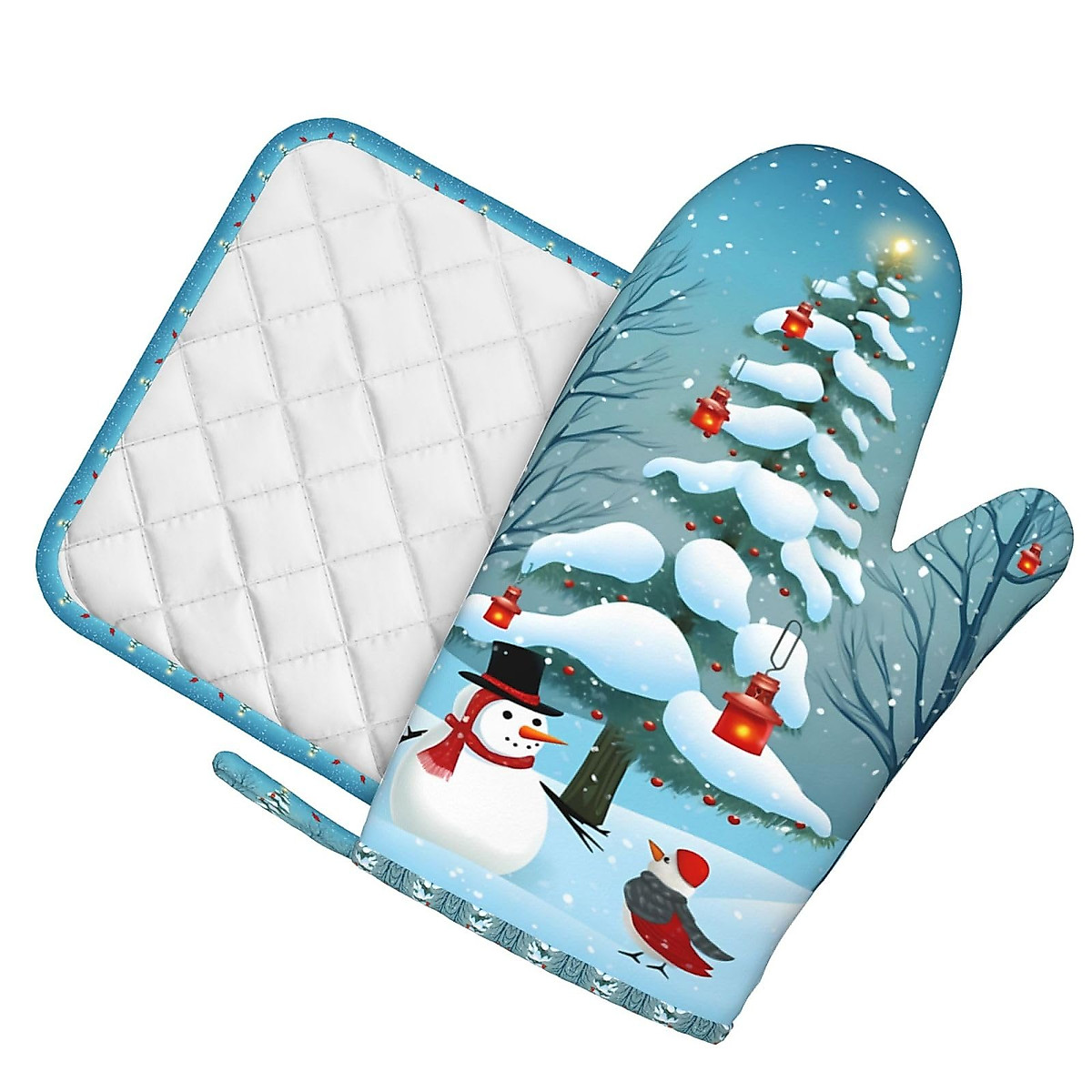 Oven Mitts Pot Holders Sets Christmas Snowman Birds Silicone Oven Gloves Winter Tree Kitchen Accessories for Baking Cooking Grilling