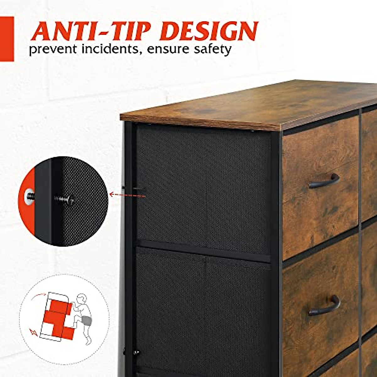 WLIVE Tall Dresser for Bedroom with 10 Drawers, Chest of Drawers, Fabric Dresser for Nursery, Closets, Storage Organizer Unit with Fabric Bins, Steel Frame, Wood Top, Rustic Brown Wood Grain Print