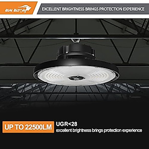 Run Bison LED High Bay Light with Adjustable Power 100w/120w/150w, 15000lm/18000lm/22500lm. 3CCT 3000K/4000K/5000K,0-10V Dimmable UFO High Bay Light with Preinstalled Hook (4PK)