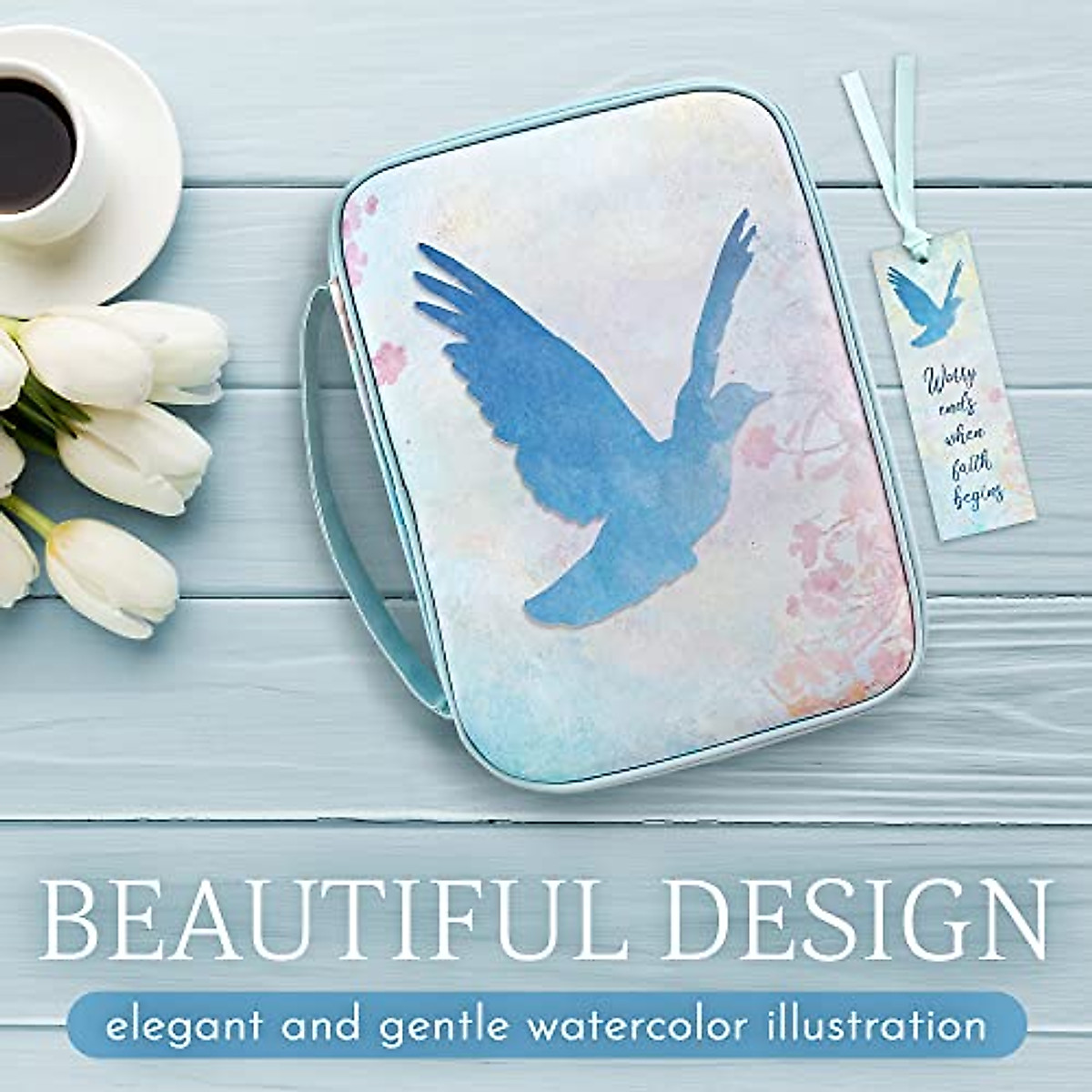 Light Blue Dove Bible Cover, Bible Case with Bookmark, PU Leather Bible Case for Women, Bible Carrying Case, Book Carrying Case, Large Bible Cover, Bible Book Cover, Bible Bags, Bible Bag