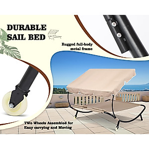 Grepatio Double Chaise Lounge Bed with Adjustable Canopy Outdoor Lounger Bed with Wheels Large Patio Hammock Daybed with 2 Pillow for Garden, or Poolside Sun Room