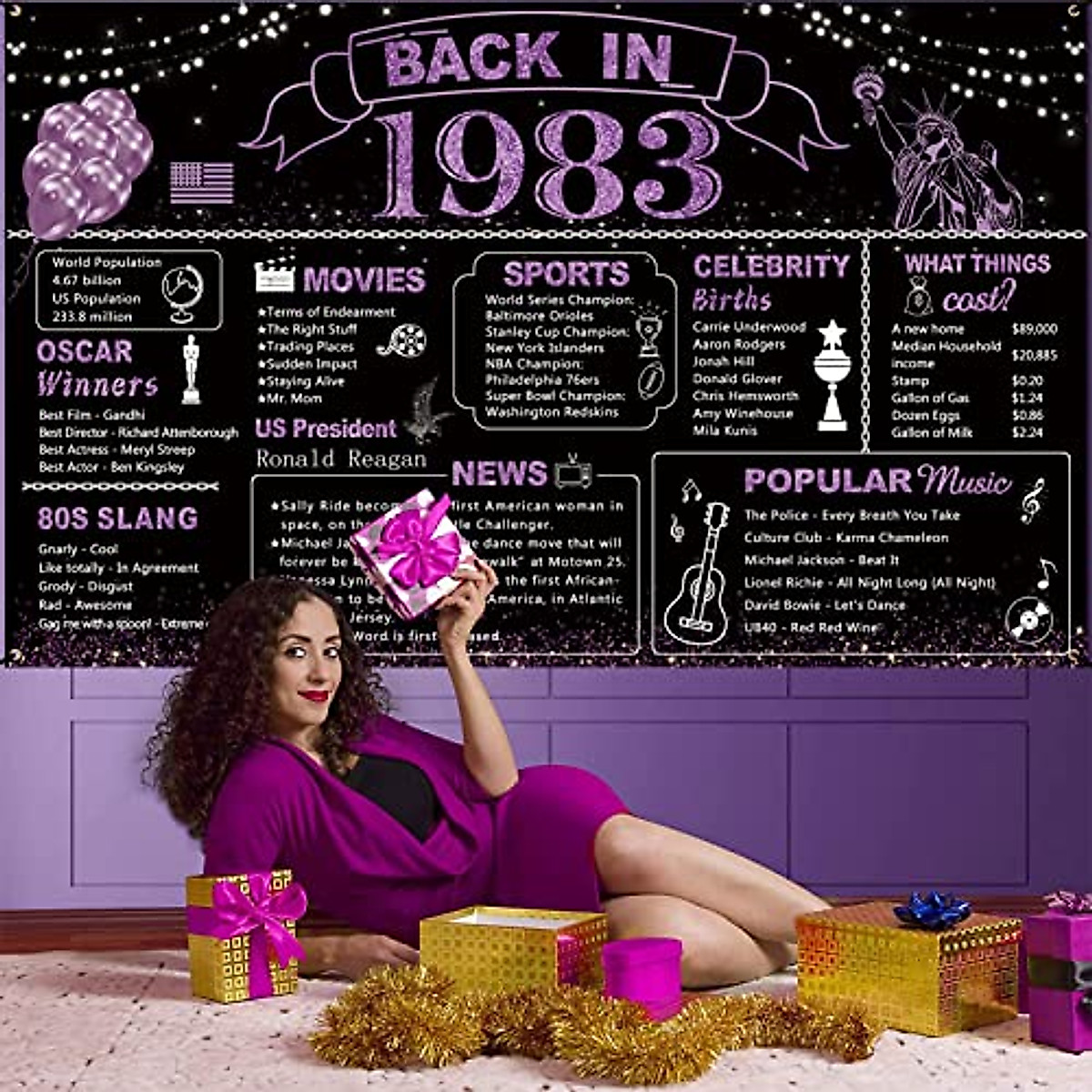 DARUNAXY Purple 40th Birthday Party Decorations, Back in 1983 Banner Cheer to 40 Years Old Birthday Photography Background Vintage 1983 Poster Backdrop for Girls 40th Class Reunion Party Supplies