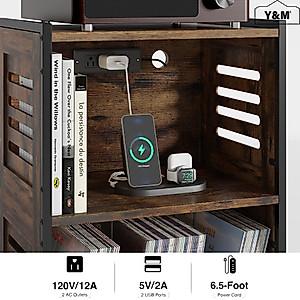 Y&M Record Player Stand, Vinyl Turntable Stand with Charging Station and USB Port, Record Display Table with Storage Cabinet, Turntable Holder, End Table, Nightstand for Bedroom, Living Room, Brown