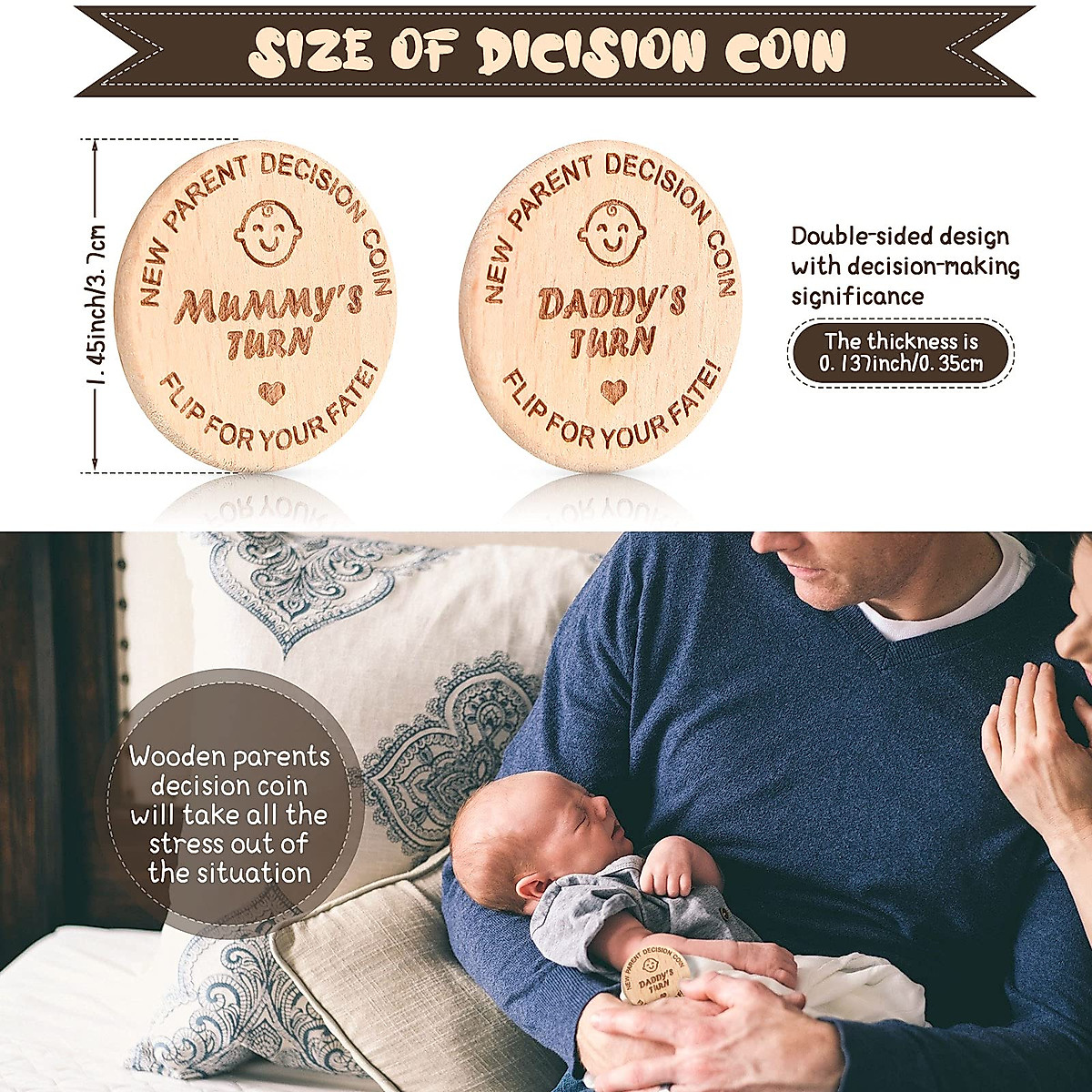 New Parent Gift Funny Decision Coin Double-Sided Decision Flip Coin Wooden Decision Making Coin with Gift Box Mom Dad Baby Shower Gifts Christmas Birthday Present