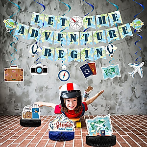 16 Pieces Travel Themed Party Decorations Let the Adventure Begin Banner Bon Voyage Party Decorations Travel Honeycomb Centerpieces for Travel Baby Shower Graduation Retirement Farewell Party Supplies