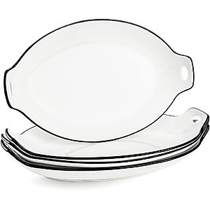ZOOFOX Set of 4 Oval Serving Platter, 12" White Porcelain Serving Tray with Handle, Large Serving Plates for Appetizer, Dessert, Meat, Salad, Noodle