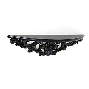 Benjara Hand Carved Wooden Moonbay Wall Shelf in Floral Design, Black