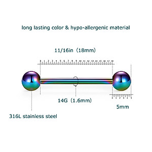 VCMART Nipple Rings Tongue Ring Surgical Steel Nipplerings Piercing Women Rainbow Barbells 14G 6 Pairs 3/4"