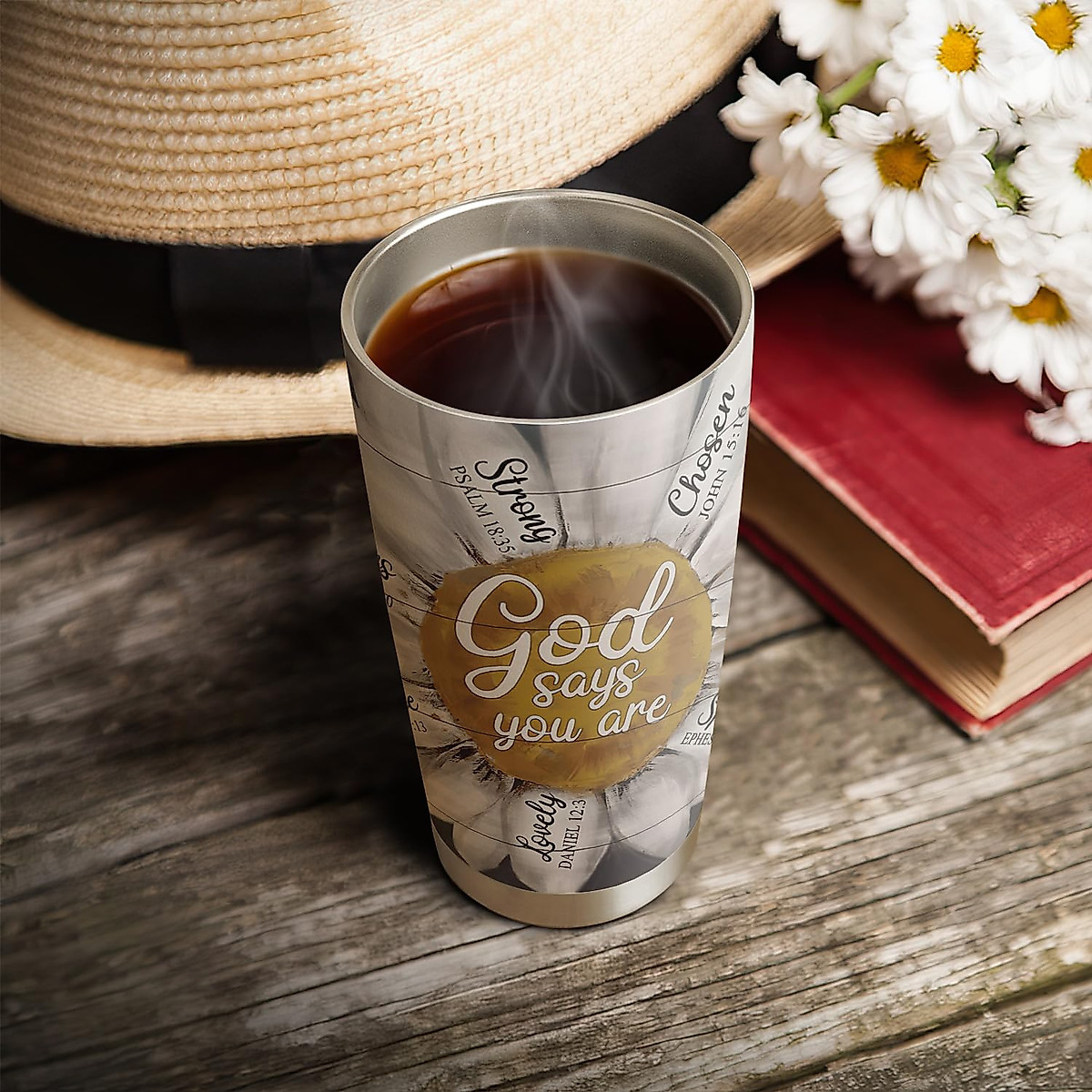 20oz Daisy Flower Faith Tumbler, God Says You Are, Religious, Christian Gifts, Coffee Thermos for Women, Stainless Steel Double Wall Vacuum Insulated Coffee Mug, Travel Cup with Lid