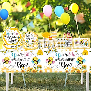 Yingoto 168pcs What Will it Bee Gender Reveal Decorations Tableware Set, Bee Gender Reveal Decorations Include Banner, Plates, Napkins, Tablecloth, Bee Party Decorations for Baby Shower, Serve 25